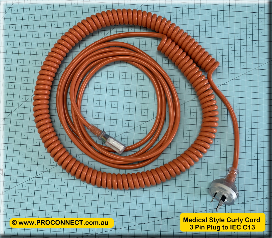 PROCONNECT MEDICAL STYLE CURLY CORD 3PP to IEC C13 with Long Tail 1a ...